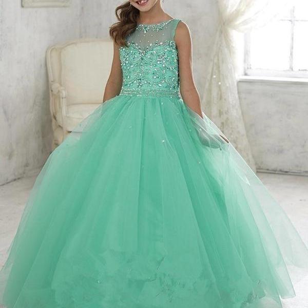 2017 Cute Mint Green Little Girls Pageant Dresses Tulle Sheer Crew Neck ...